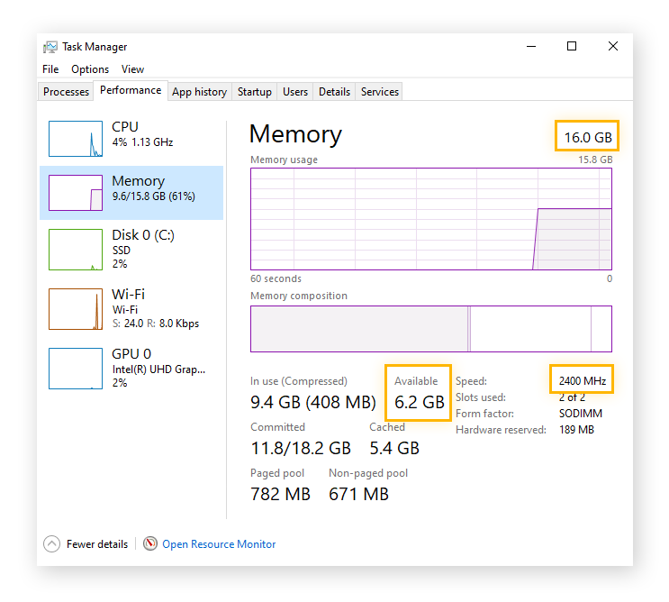 De grootte, de snelheid en het type van het RAM-geheugen controleren